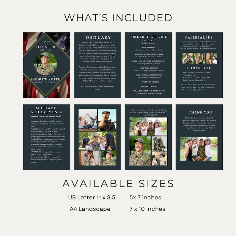 Military Funeral Program Canva Template Editable Memorial Keepsake ...