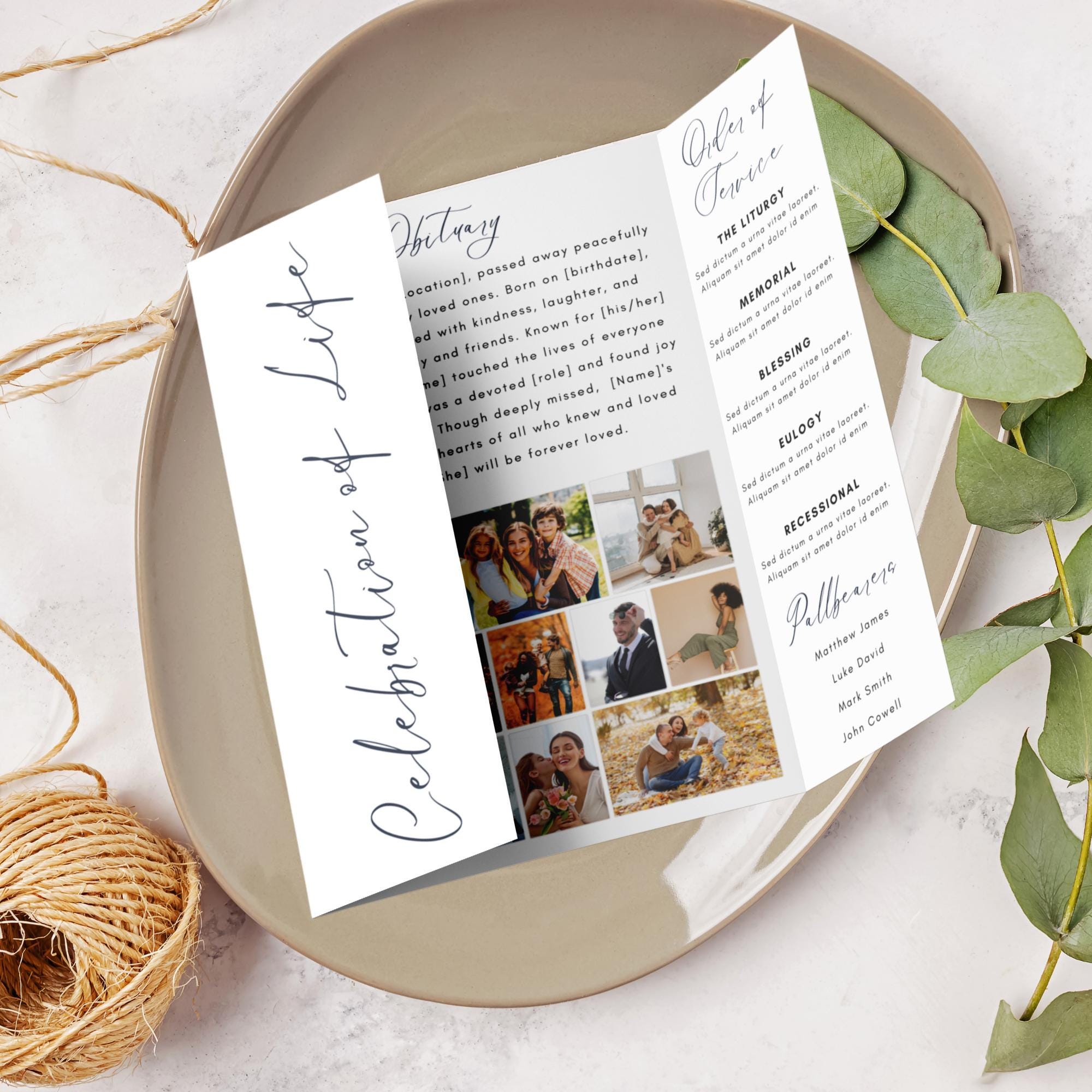 Minimalist Gatefold Funeral Program Canva Template Modern Memorial ...