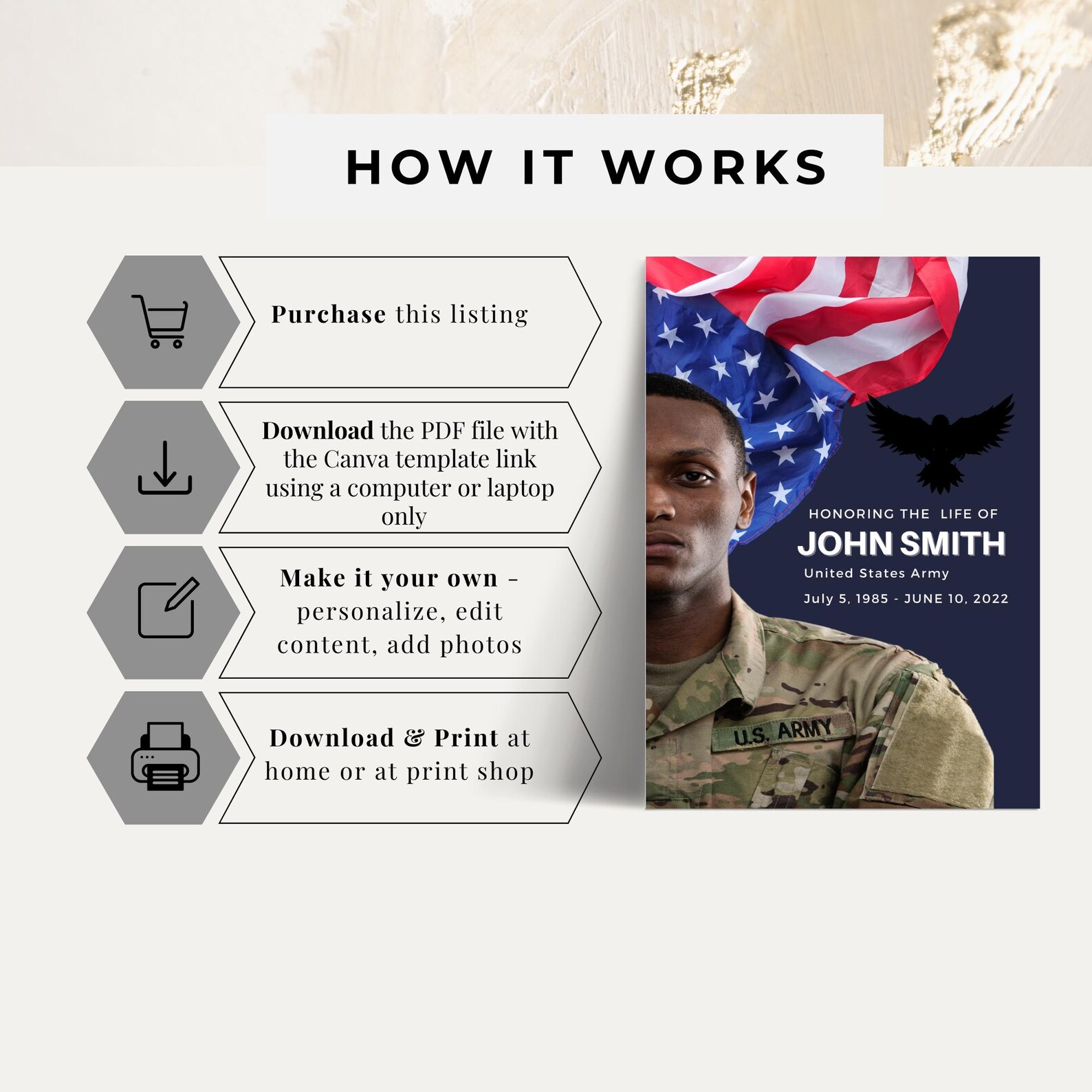 Military Funeral Program Canva Template Patriotic Memorial Service Army ...