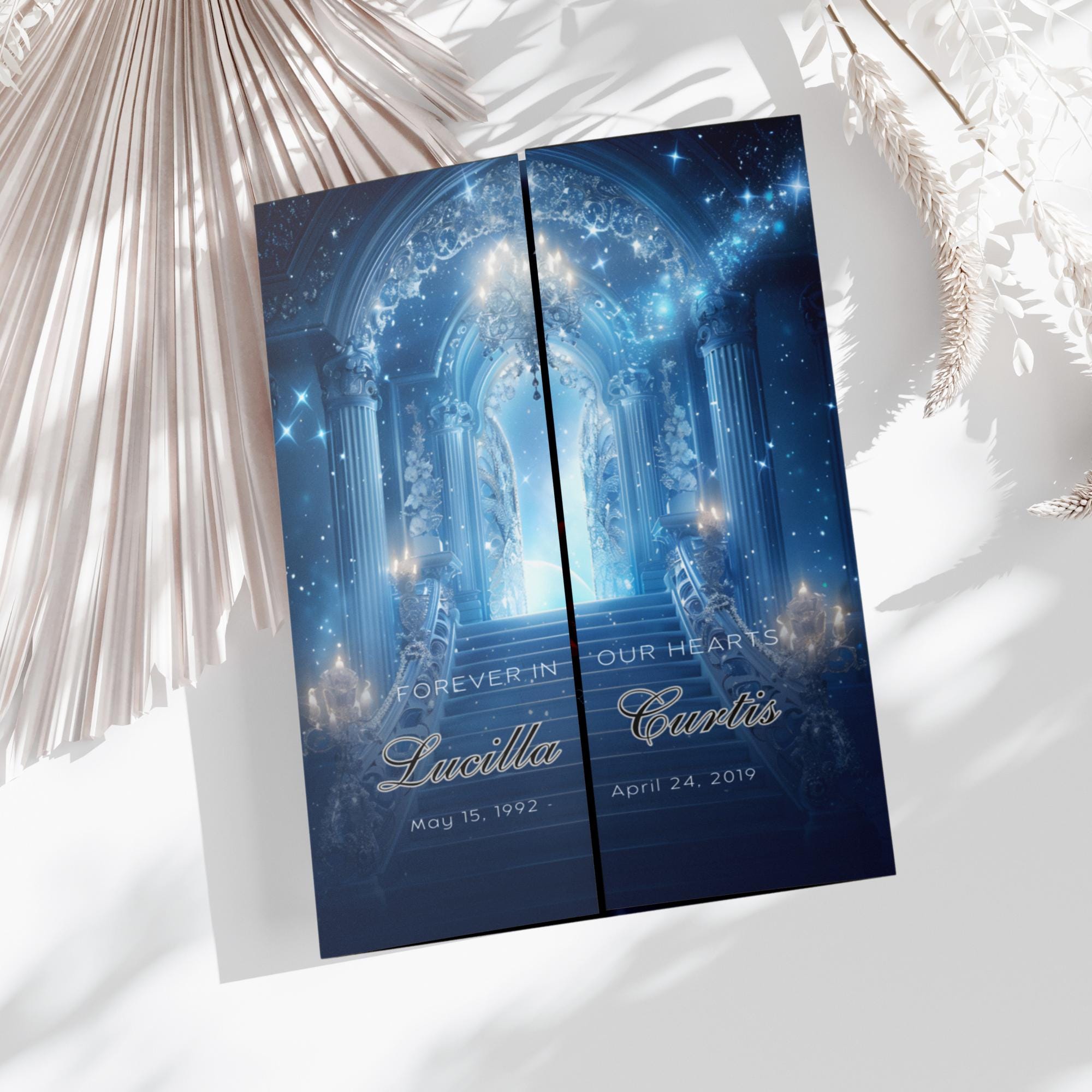 Blue Heavenly Gatefold Funeral Program Template Editable Canva Obituary ...