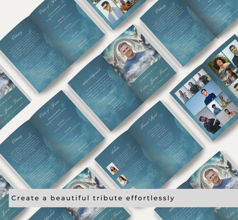 Heavenly Clouds Obituary Program Canva Template for Men, Editable ...