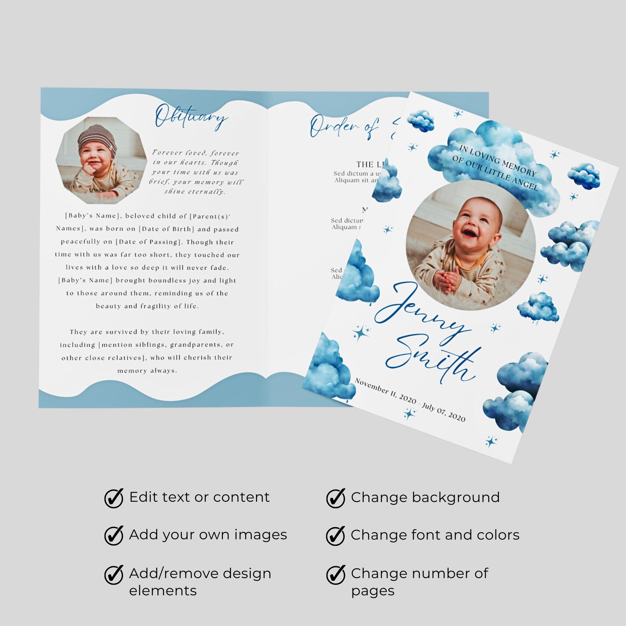 Blue Clouds Funeral Program Canva Template for Baby Boy Editable Child ...