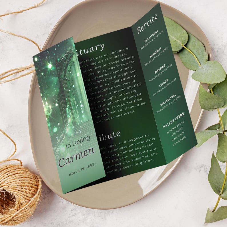Heavenly Gate Fold Funeral Program Canva Template Editable Green ...