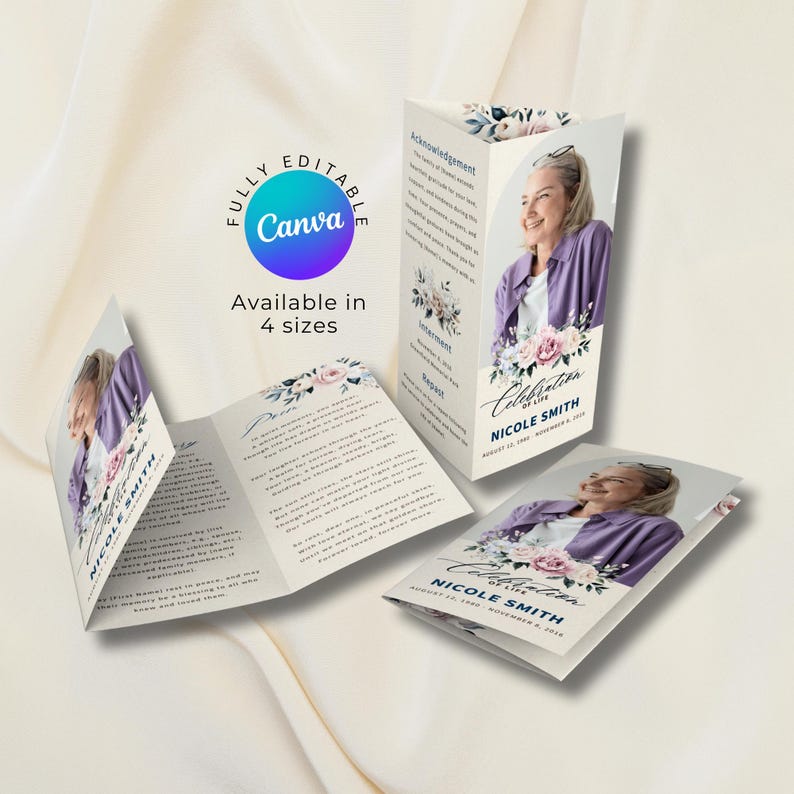 Trifold Funeral Program Canva Template Floral Obituary for Woman ...