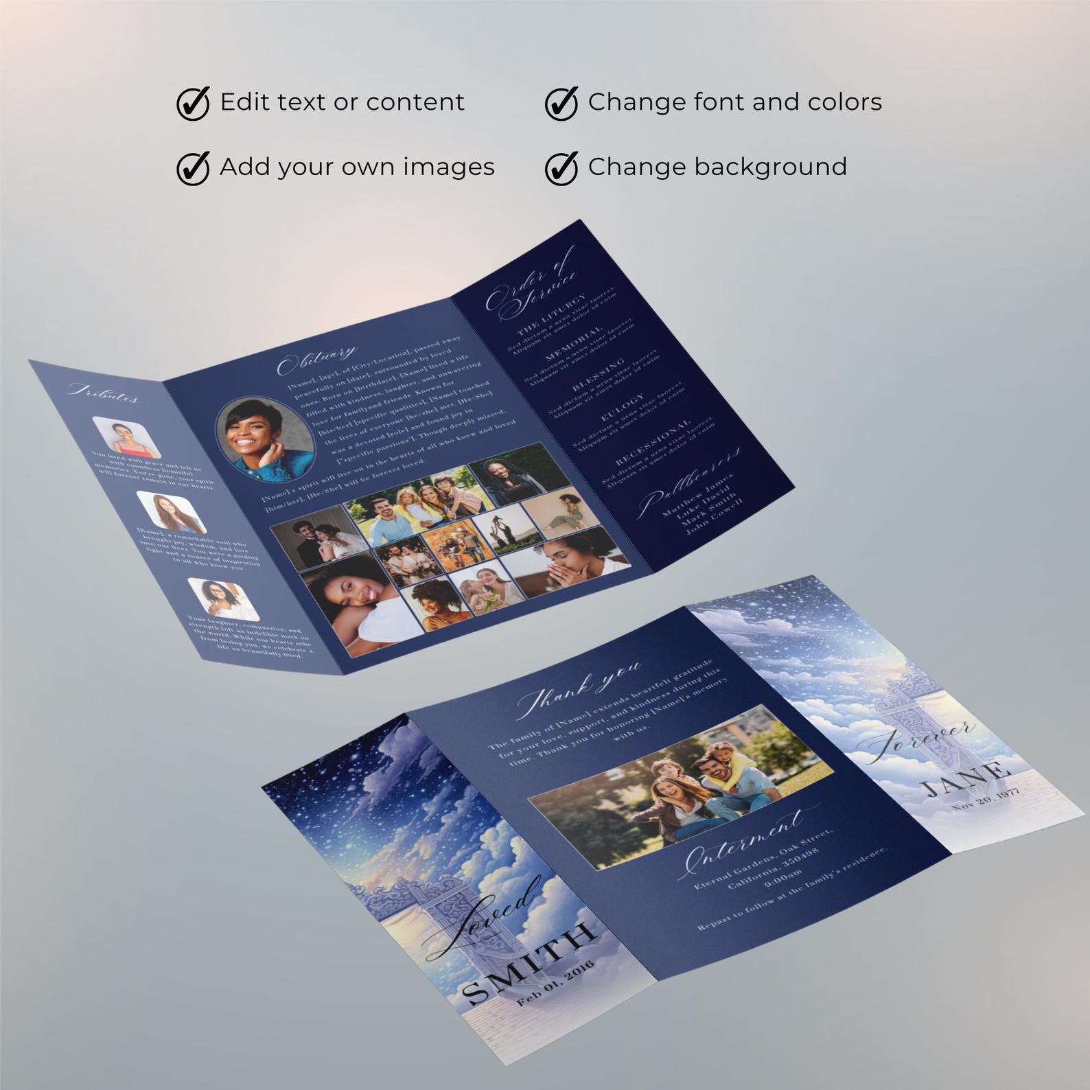 Heavenly Gate Fold Funeral Program Template Editable Canva Template