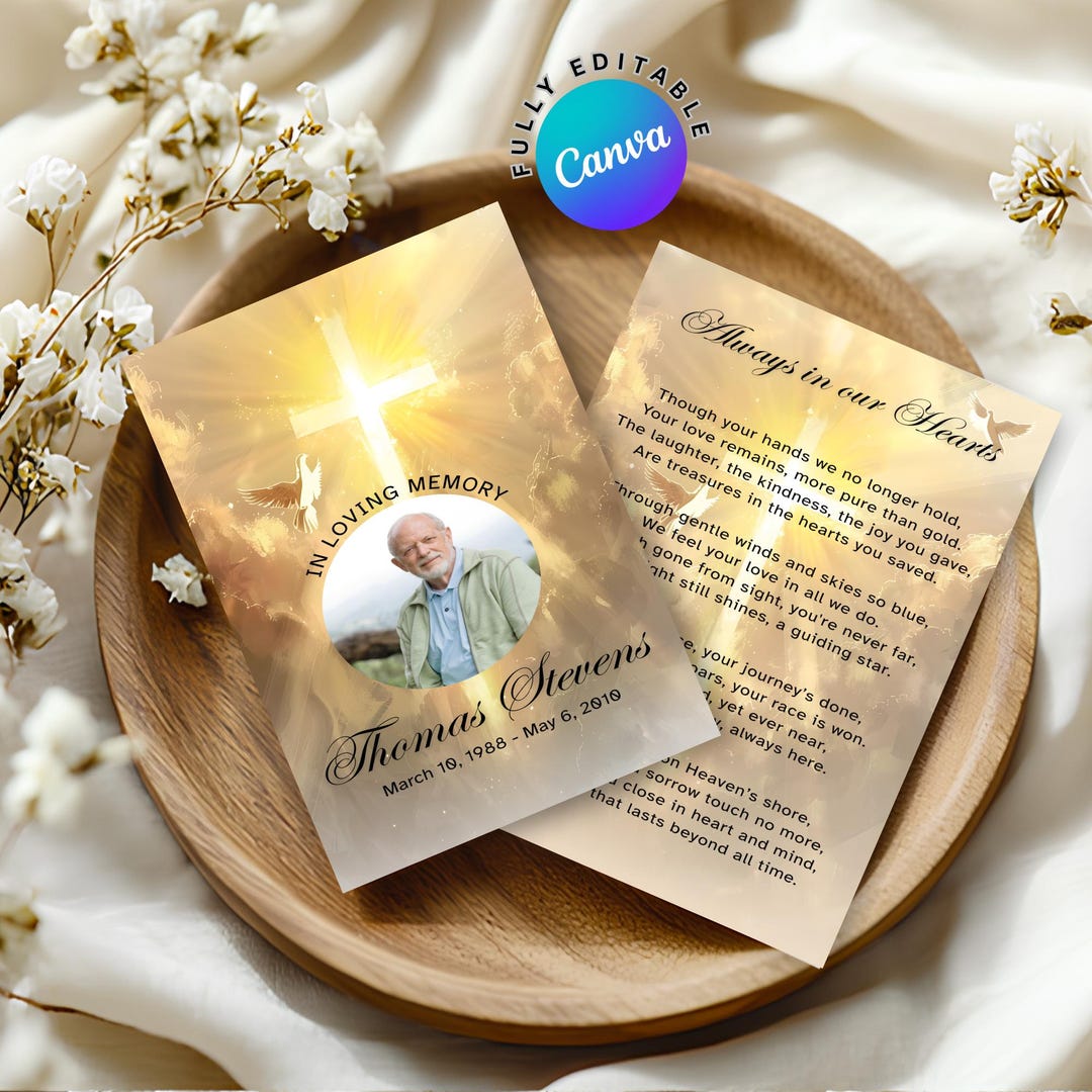 Easter Catholic Prayer Cards, Gold Funeral Prayer Card Canva Template ...