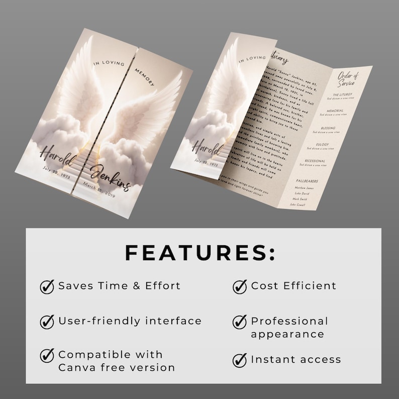 Beige Angel Wings Gatefold Obituary Program for Funeral, Heavenly Canva ...