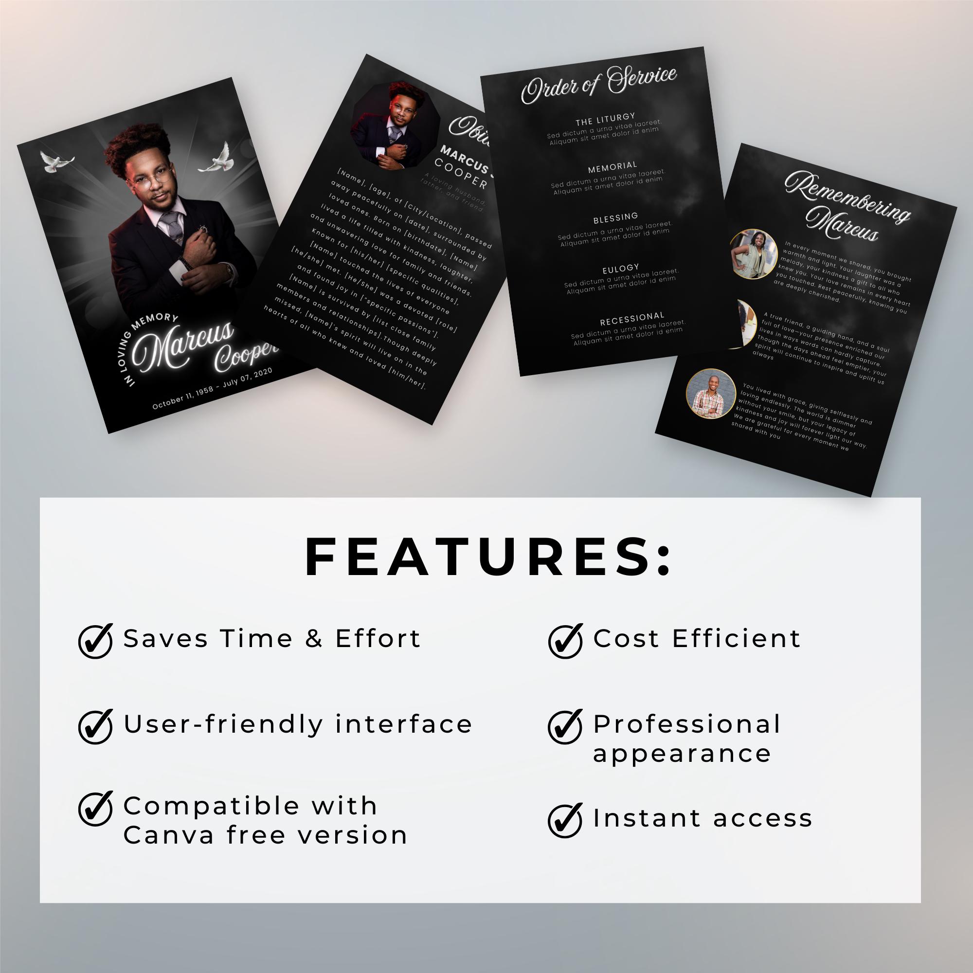Elegant Funeral Program Canva Template Black Clouds Memorial Service ...