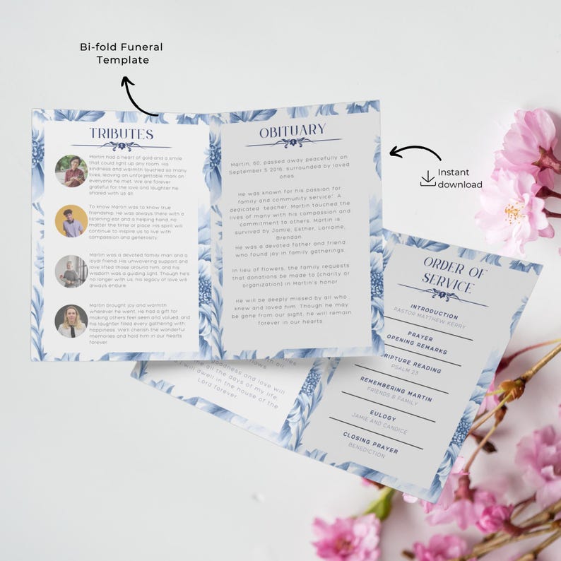 Blue Obituary Template Canva Editable Funeral Program Template for ...