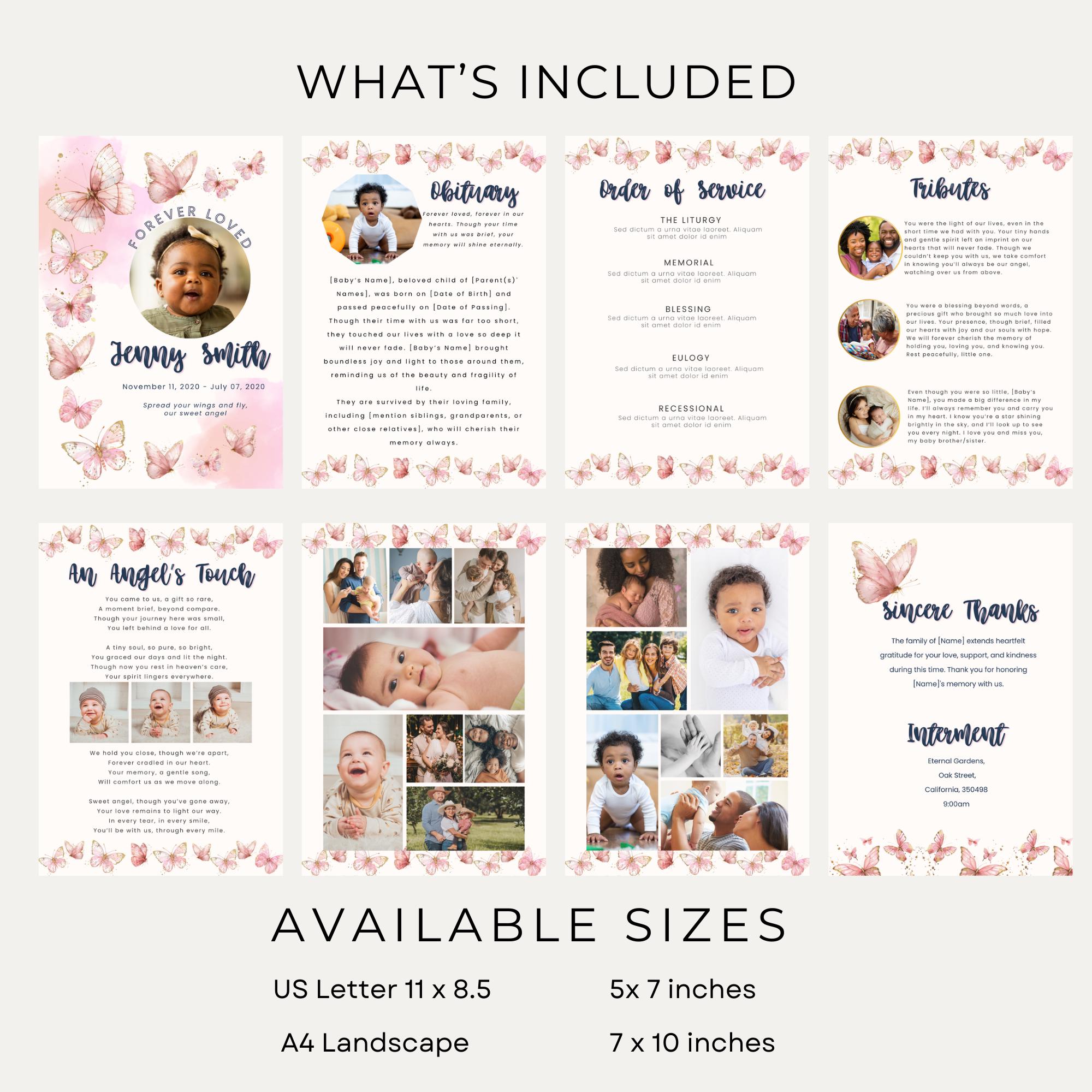 Butterfly Baby Funeral Program Canva Template Editable Child Obituary ...