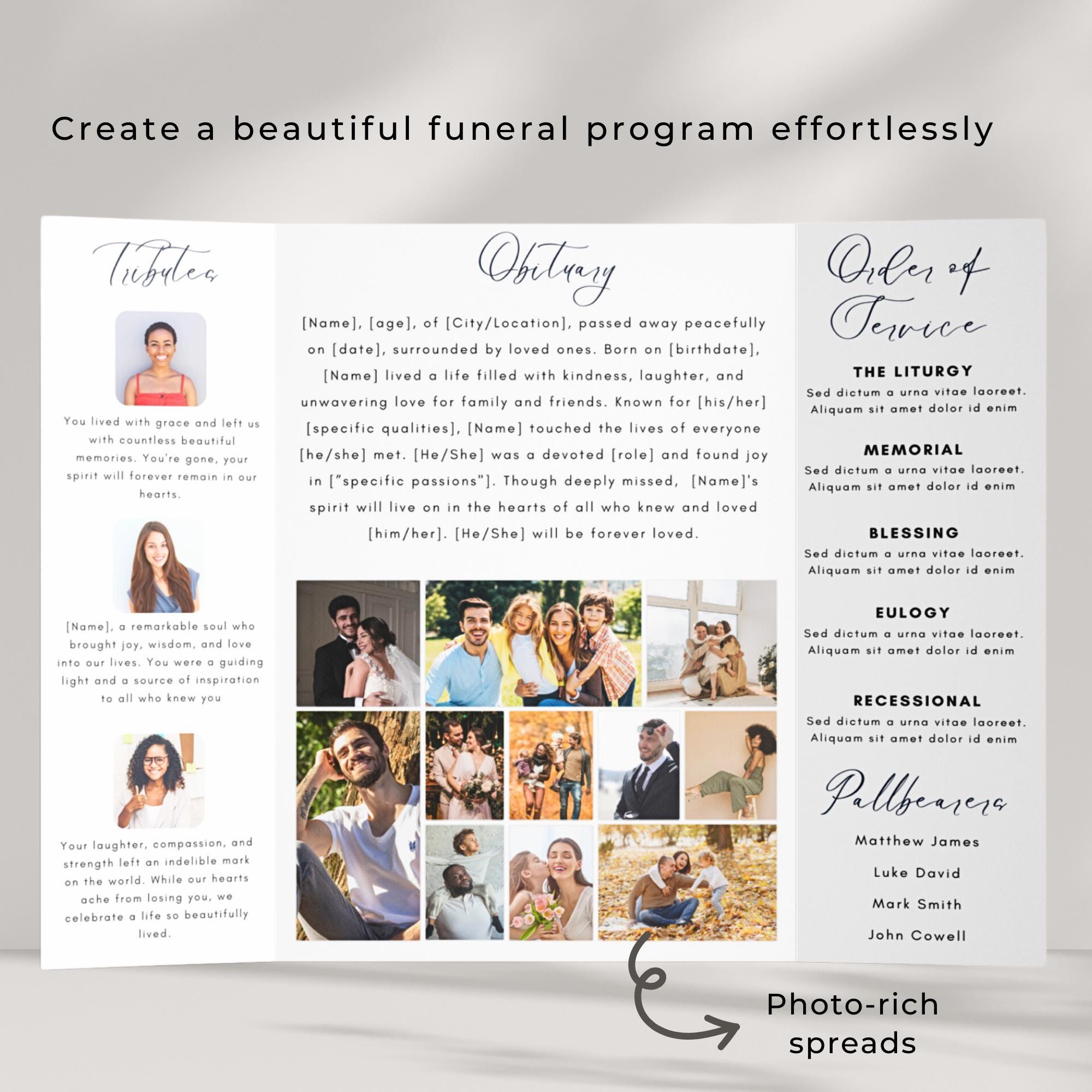 Minimalist Gatefold Funeral Program Canva Template Modern Memorial ...