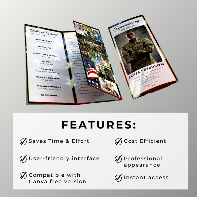 Trifold Military Veteran Obituary Canva Template Editable Funeral ...