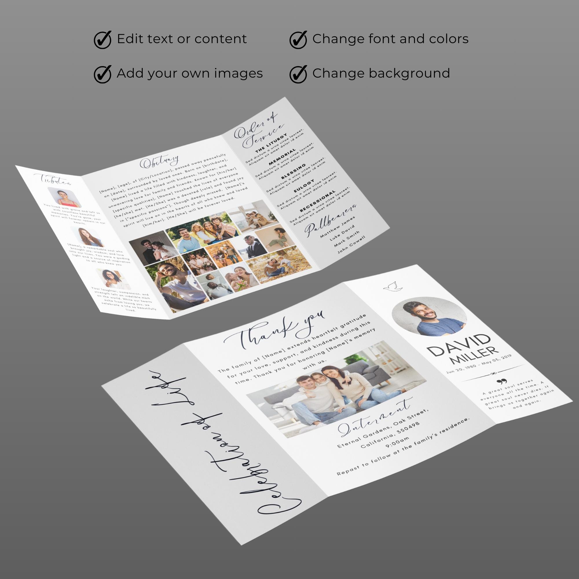 Minimalist Gatefold Funeral Program Canva Template Modern Memorial ...