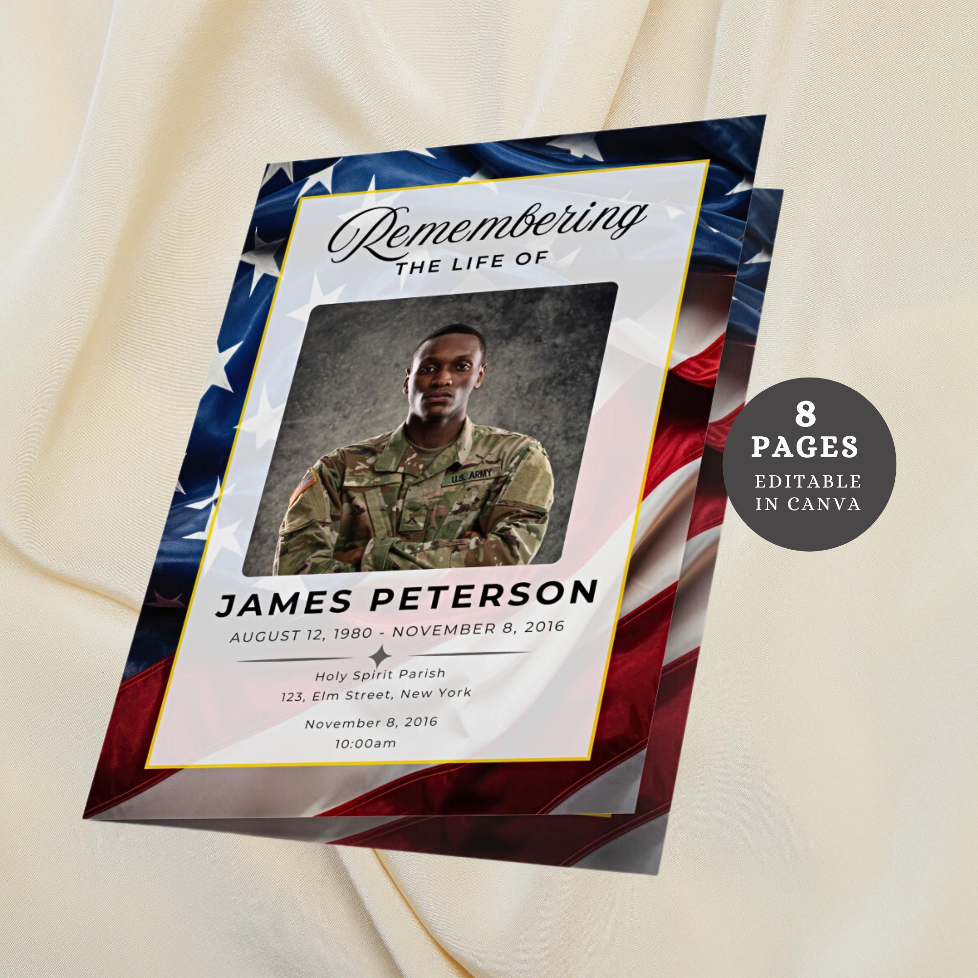 Military Veteran Funeral Program Canva Template Editable Obituary for ...