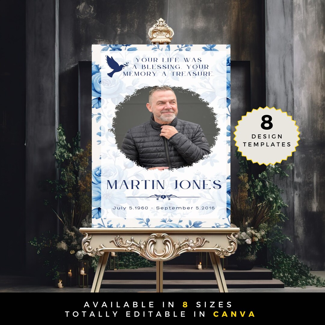 Blue Funeral Welcome Sign Bundle Canva Template, Memorial Collage ...