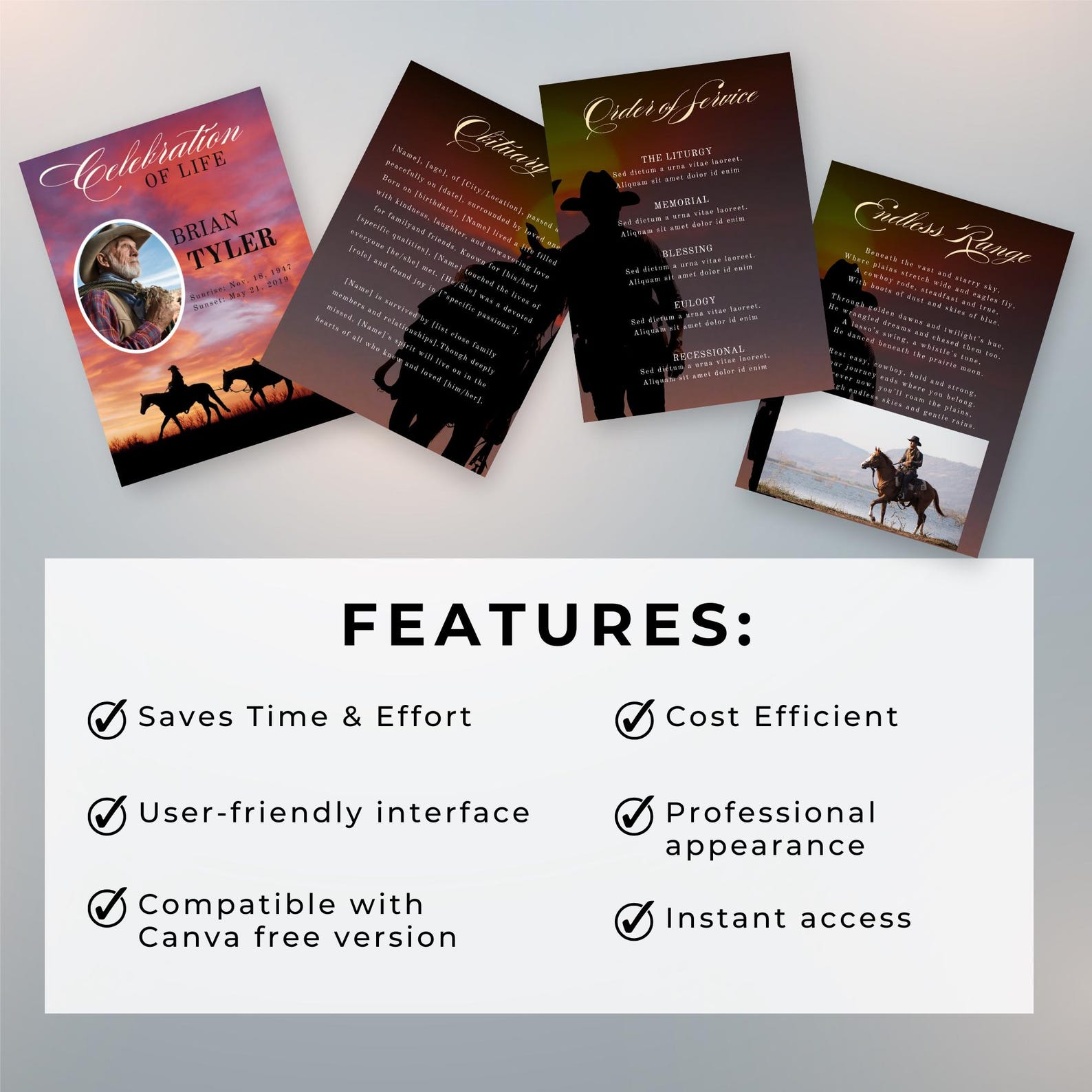 Cowboy Funeral Program Template Editable Memorial Service Program Horse ...