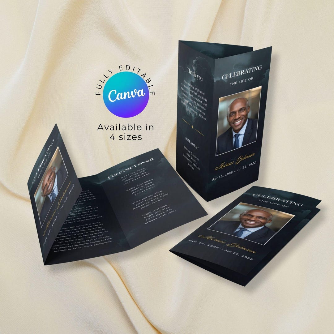 Minimalist Trifold Funeral Program Template, Canva Editable Obituary ...