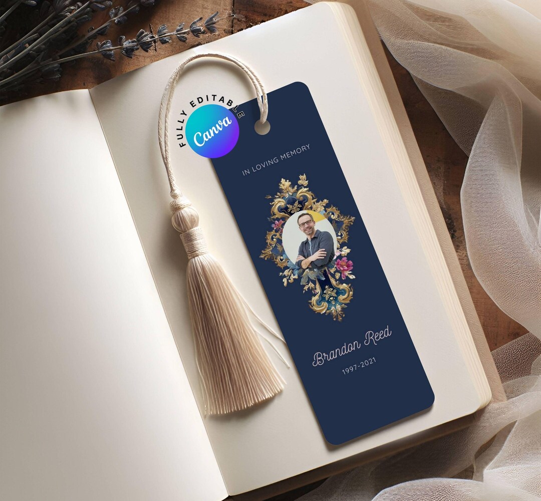 Baroque Cross Funeral Bookmark Canva Template, Memorial Program ...