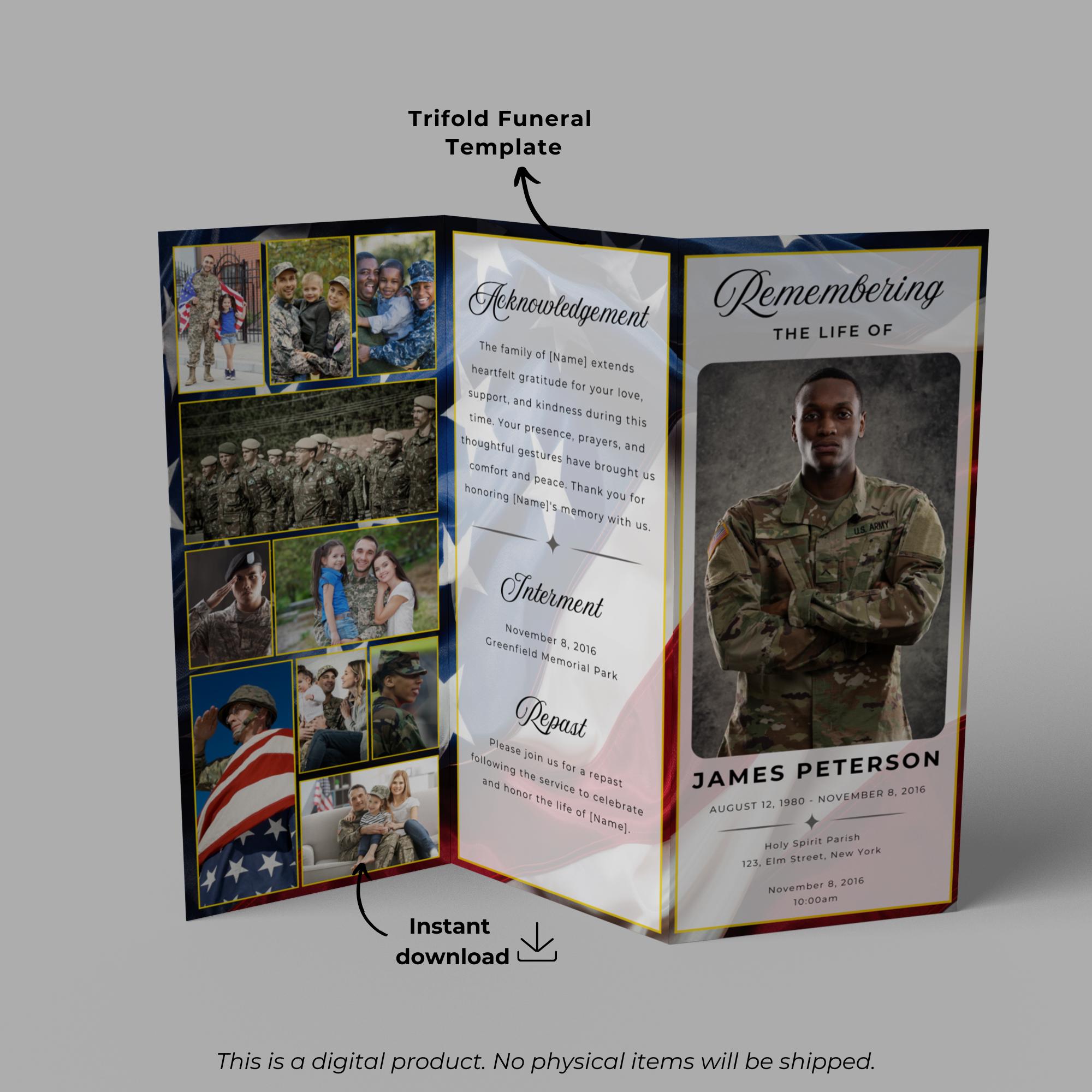 Trifold Military Veteran Obituary Canva Template Editable Funeral ...