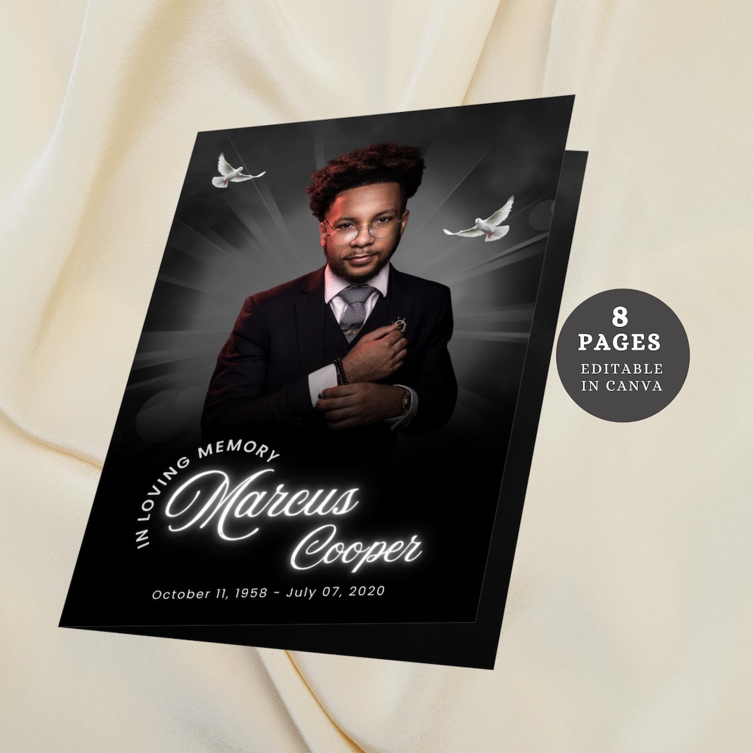 Elegant Funeral Program Canva Template Black Clouds Memorial Service ...