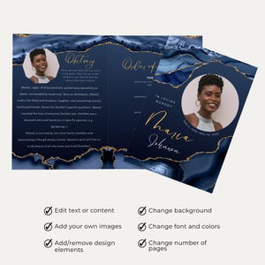 Navy & Gold Funeral Program Canva Template, Editable Obituary Program ...