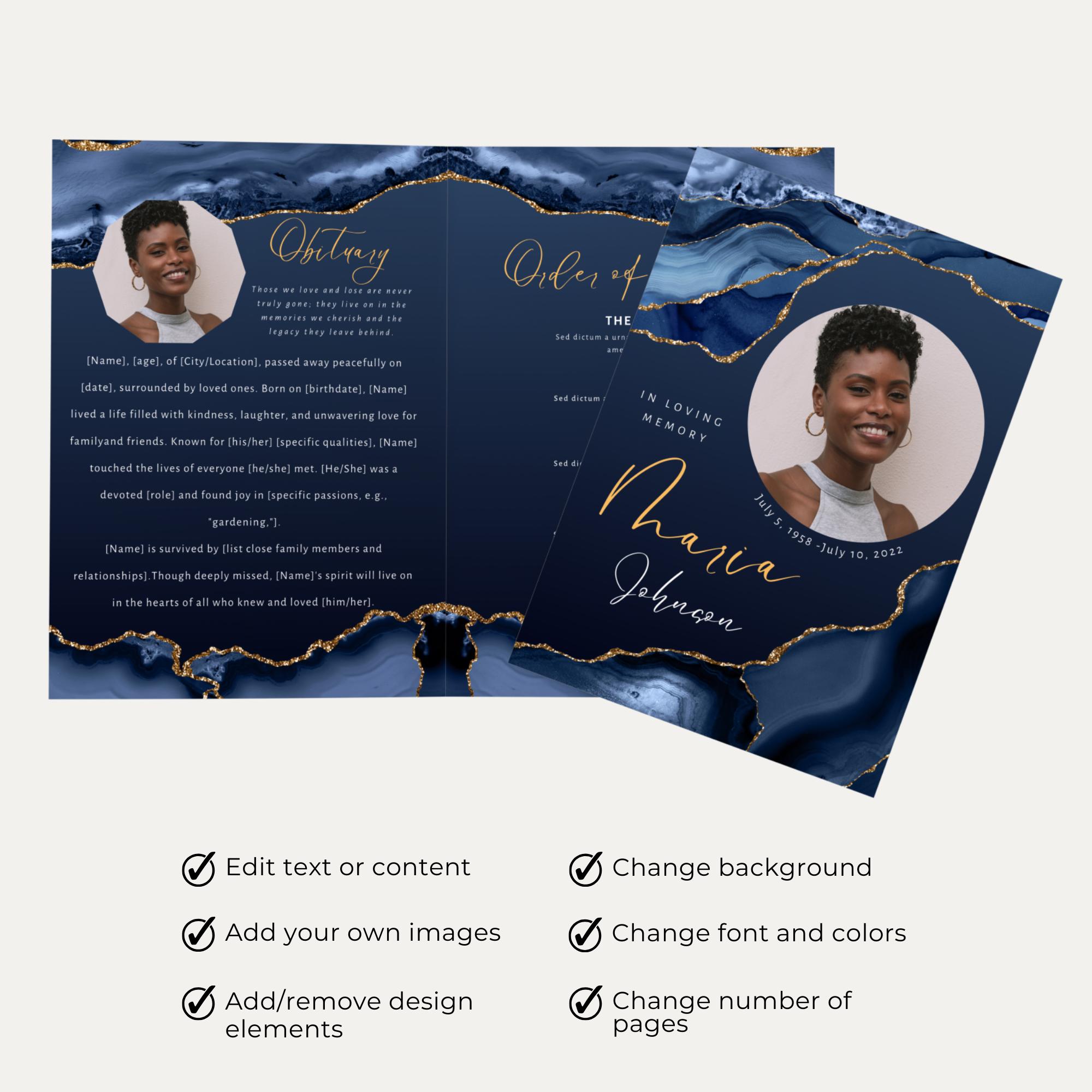 Navy & Gold Funeral Program Canva Template, Editable Obituary Program ...