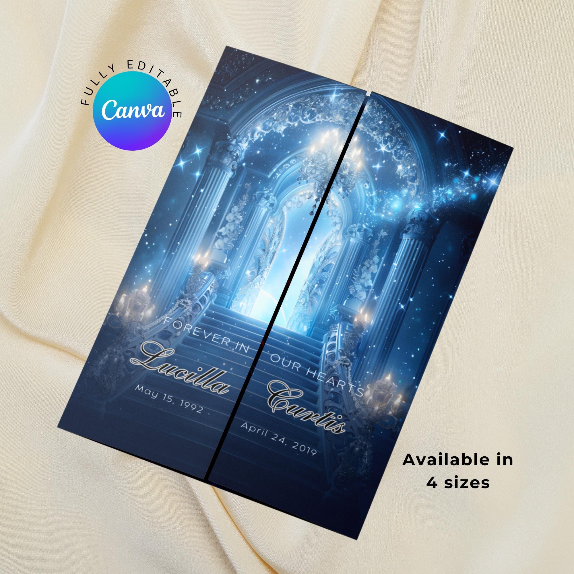 Blue Heavenly Gatefold Funeral Program Template Editable Canva Obituary ...