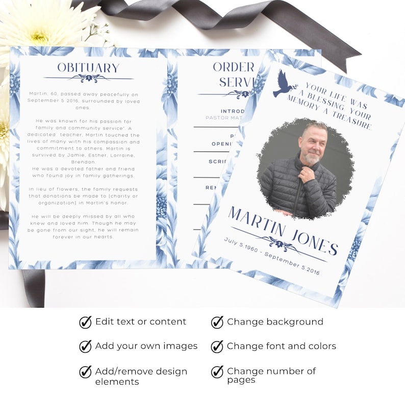 Blue Obituary Template Canva Editable Funeral Program Template for ...