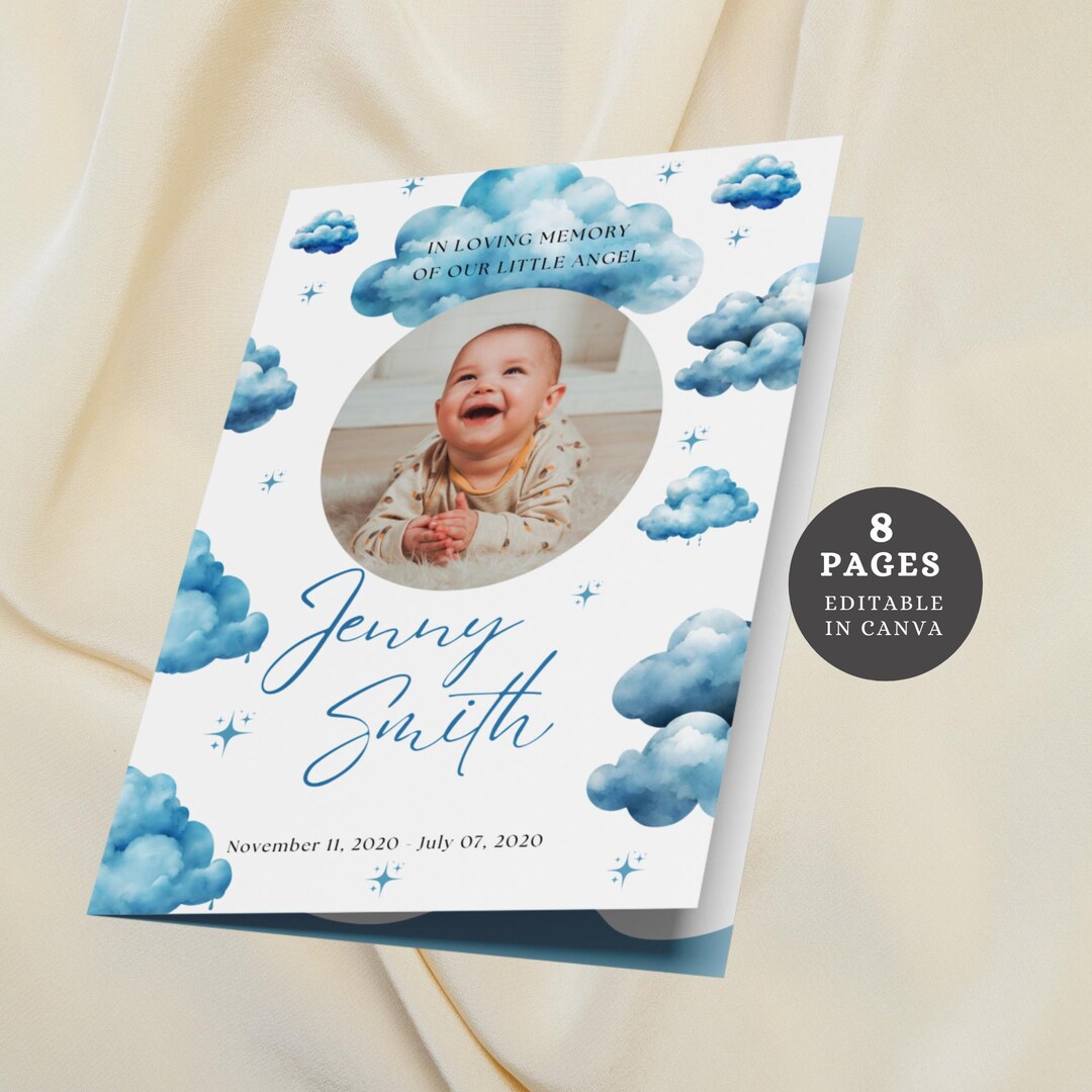 Blue Clouds Funeral Program Canva Template for Baby Boy Editable Child ...