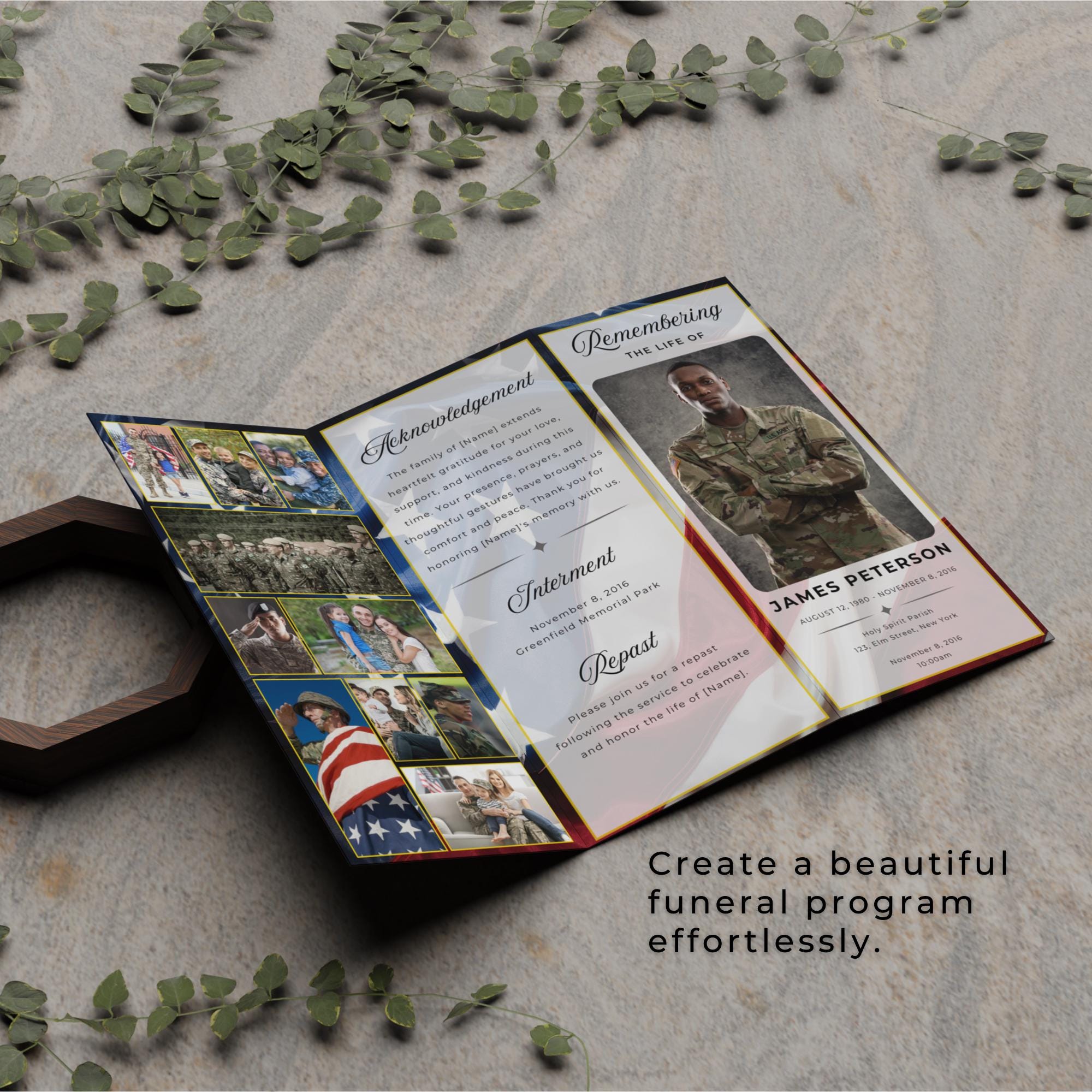 Trifold Military Veteran Obituary Canva Template Editable Funeral ...