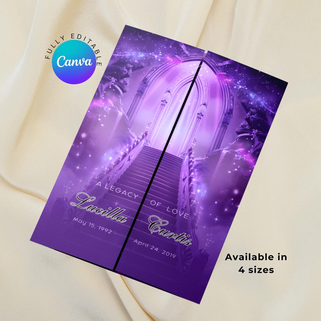 Purple Heavenly Gatefold Funeral Program Template Editable Canva ...