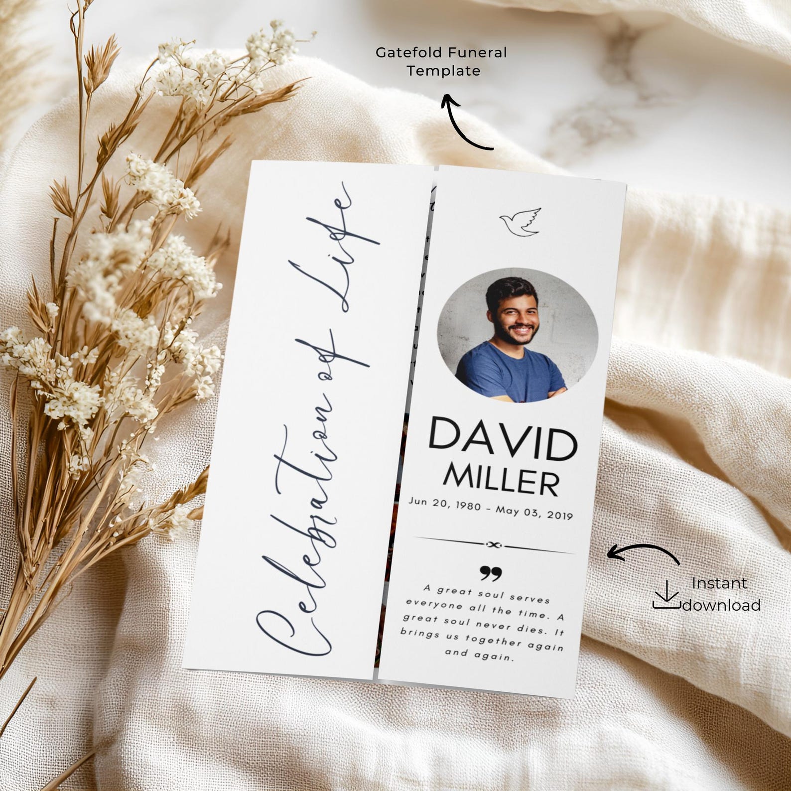 Minimalist Gatefold Funeral Program Canva Template Modern Memorial ...