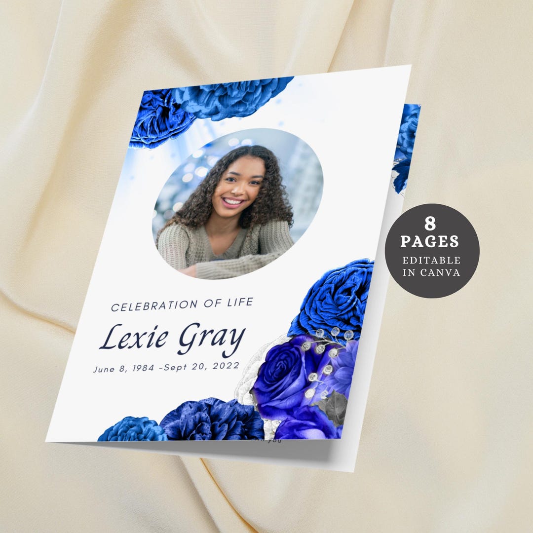 Silver and Blue Funeral Program Template Canva Memorial Funeral ...