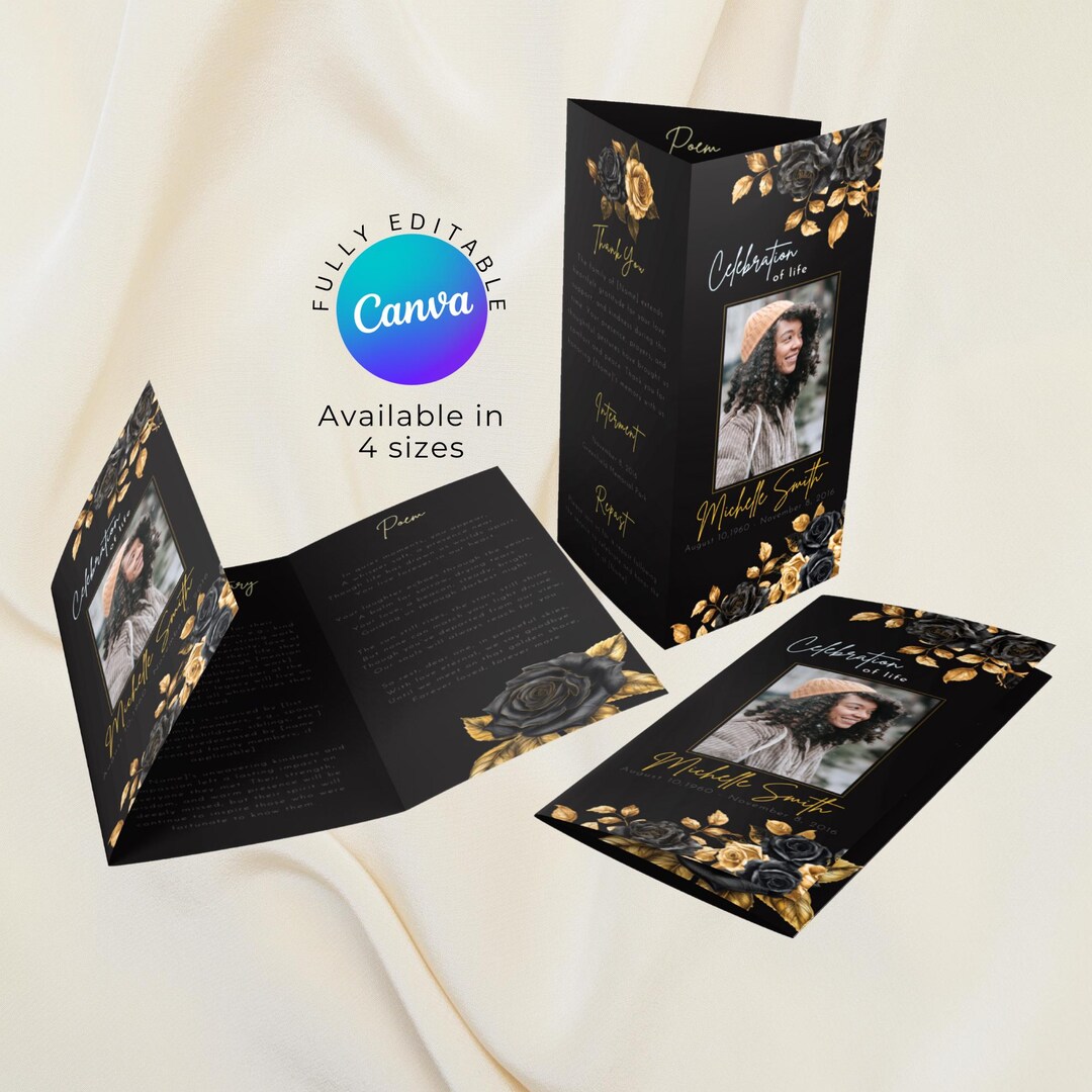 Editable Black and Gold Trifold Funeral Program Template, Obituary ...