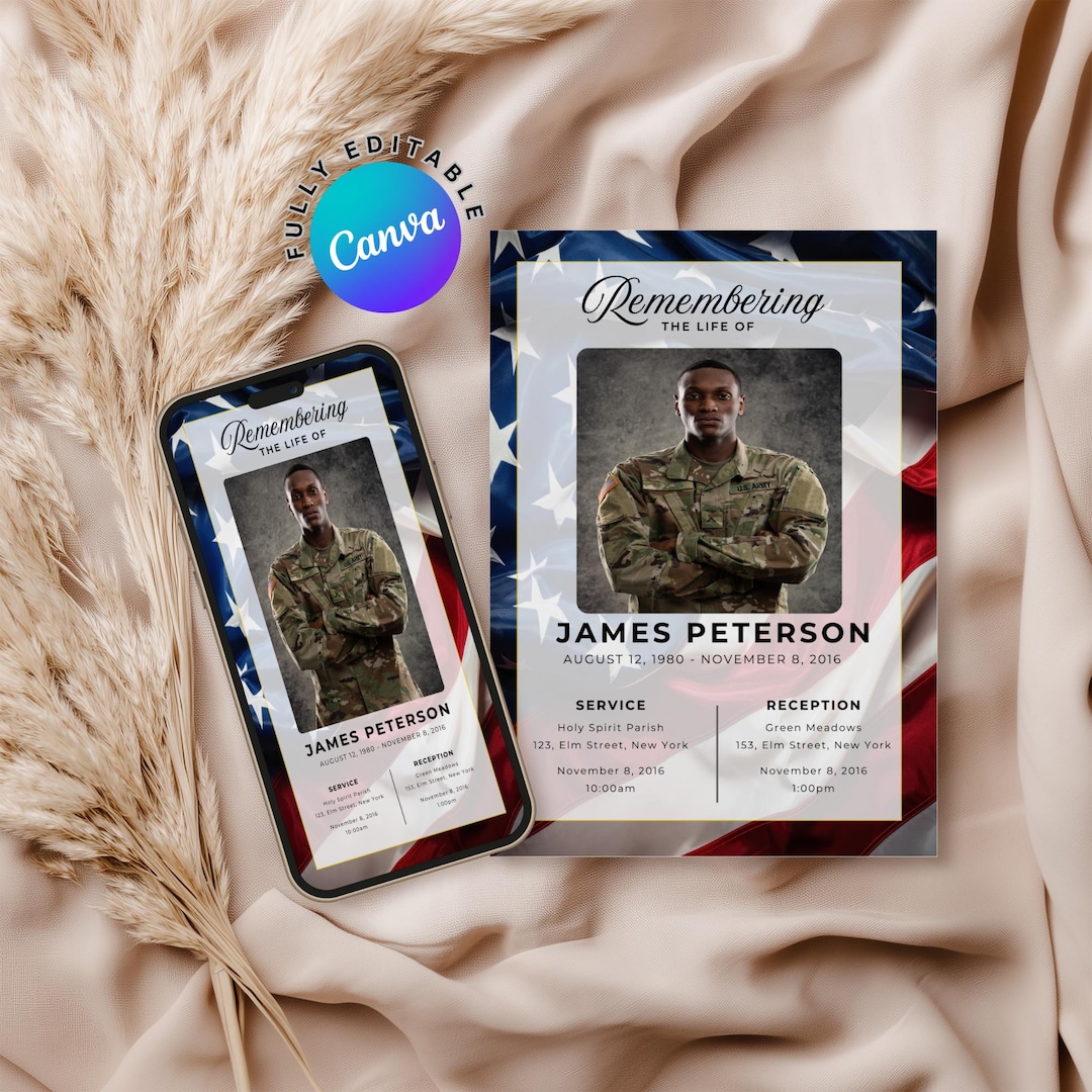 Military Veteran Funeral Invitation Digital Editable Canva Funeral ...