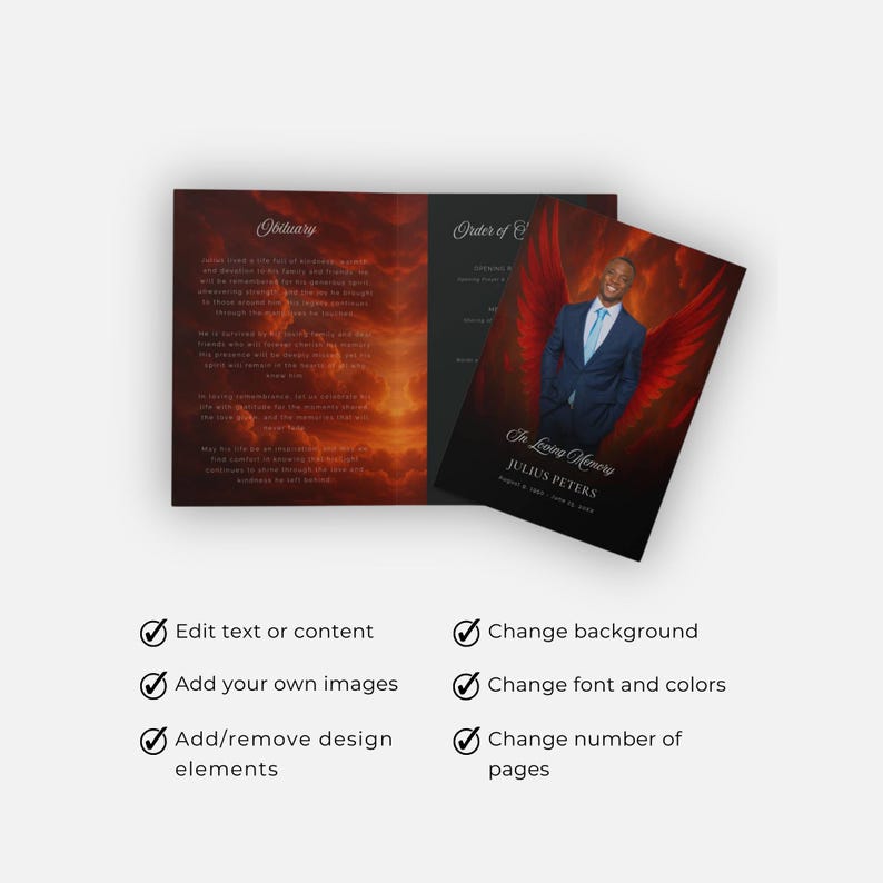 Red Obituary Canva Template for Men, Editable Funeral Program for ...