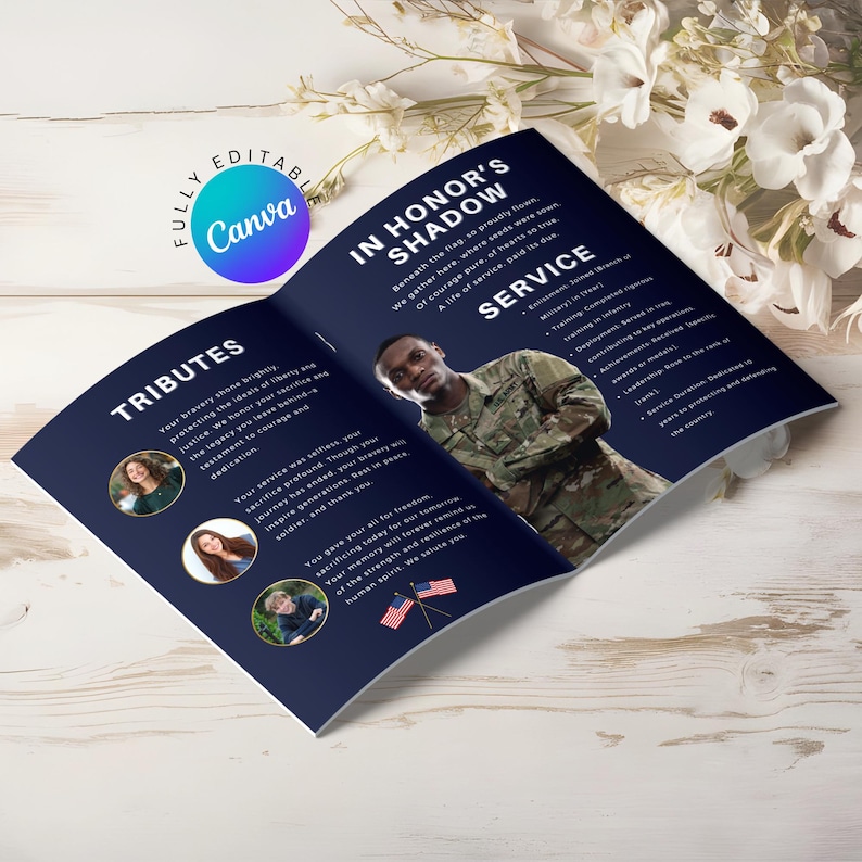 Military Funeral Program Canva Template Patriotic Memorial Service Army ...