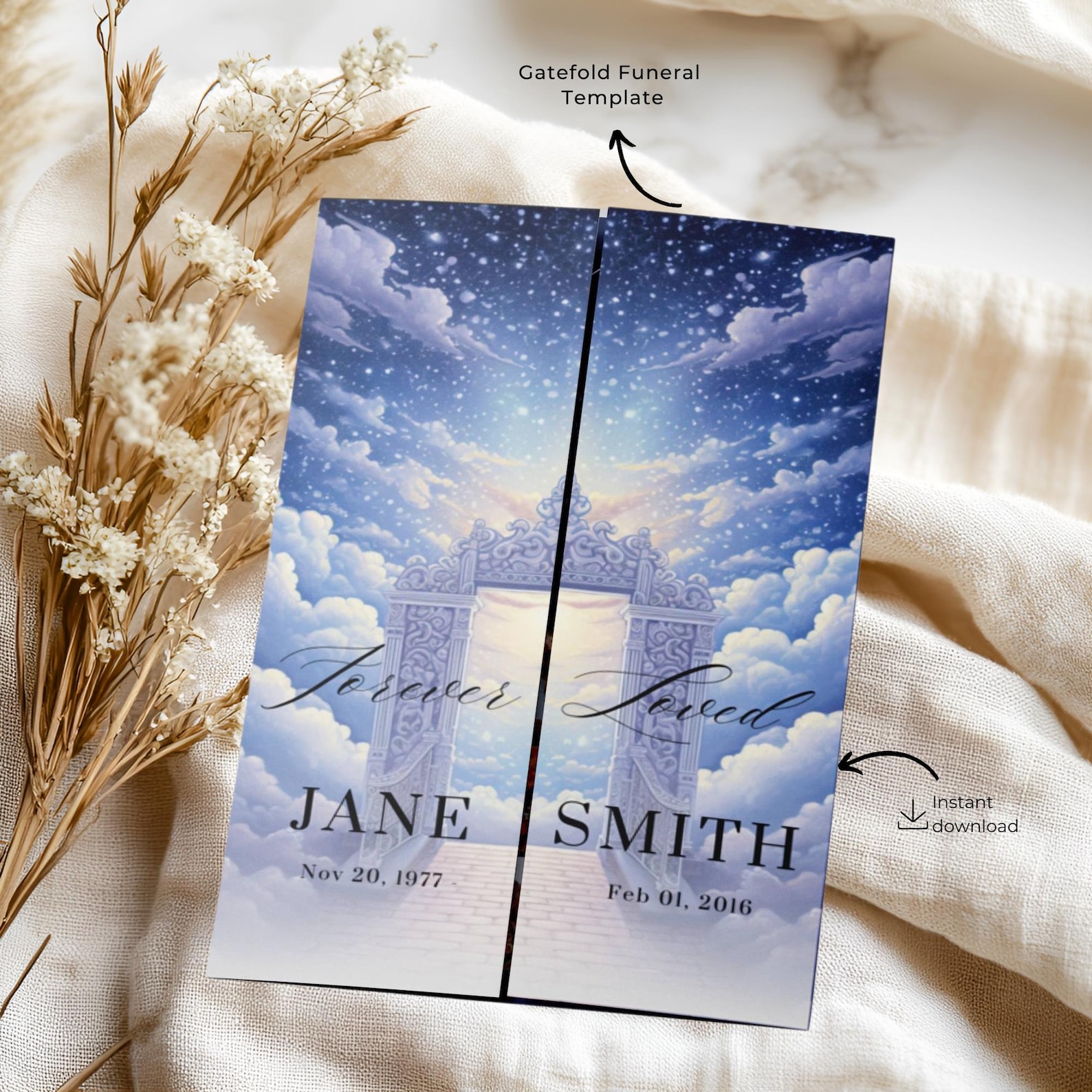 Heavenly Gate Fold Funeral Program Template Editable Canva Template ...