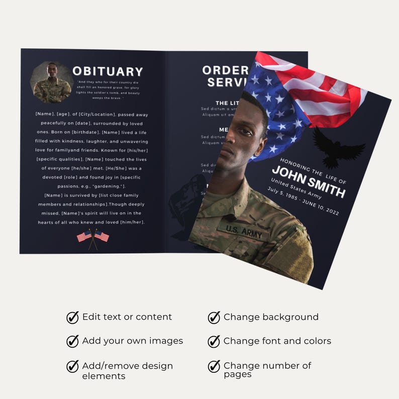 Military Funeral Program Canva Template Patriotic Memorial Service Army ...