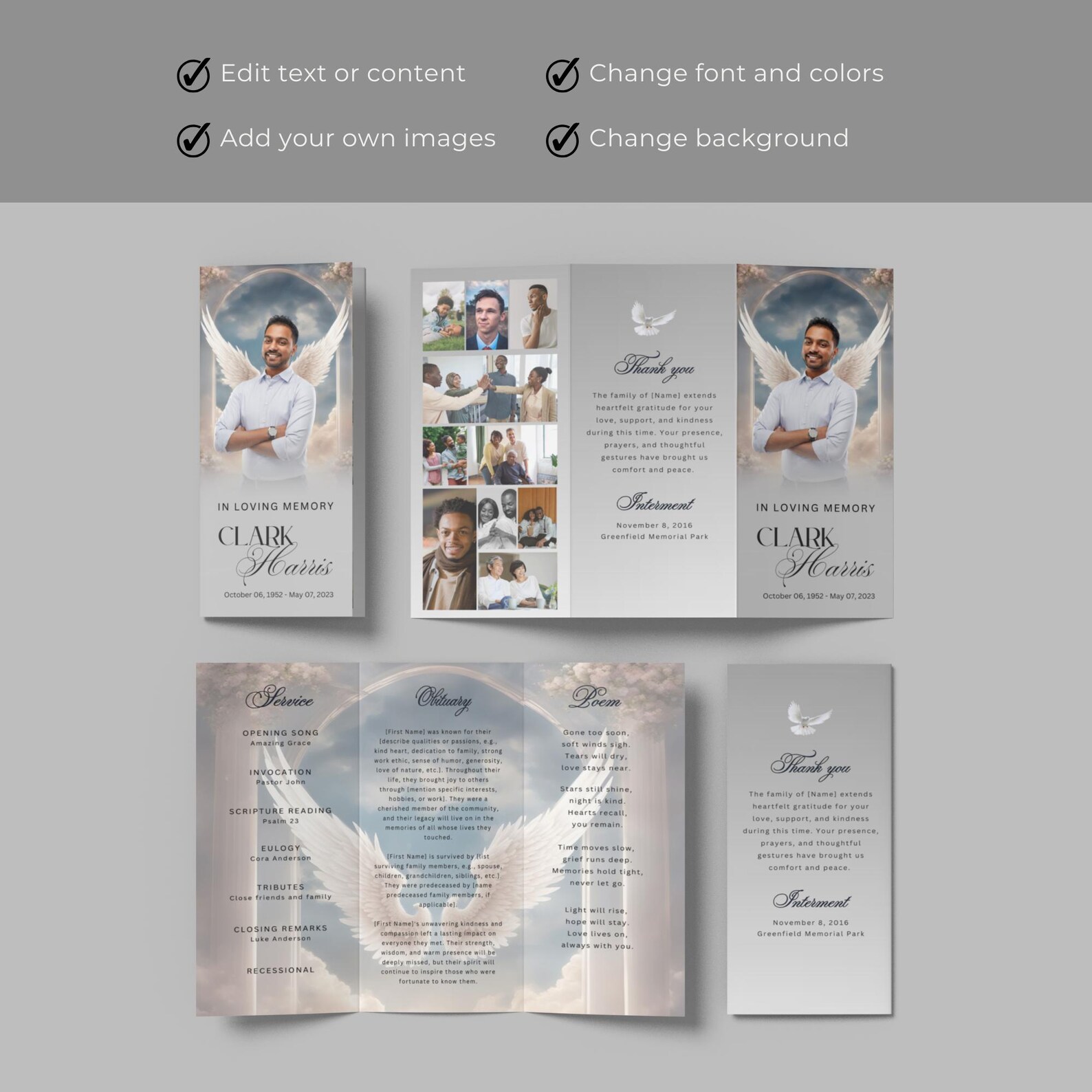 Heavenly Trifold Funeral Program Canva Template Editable Obituary for ...