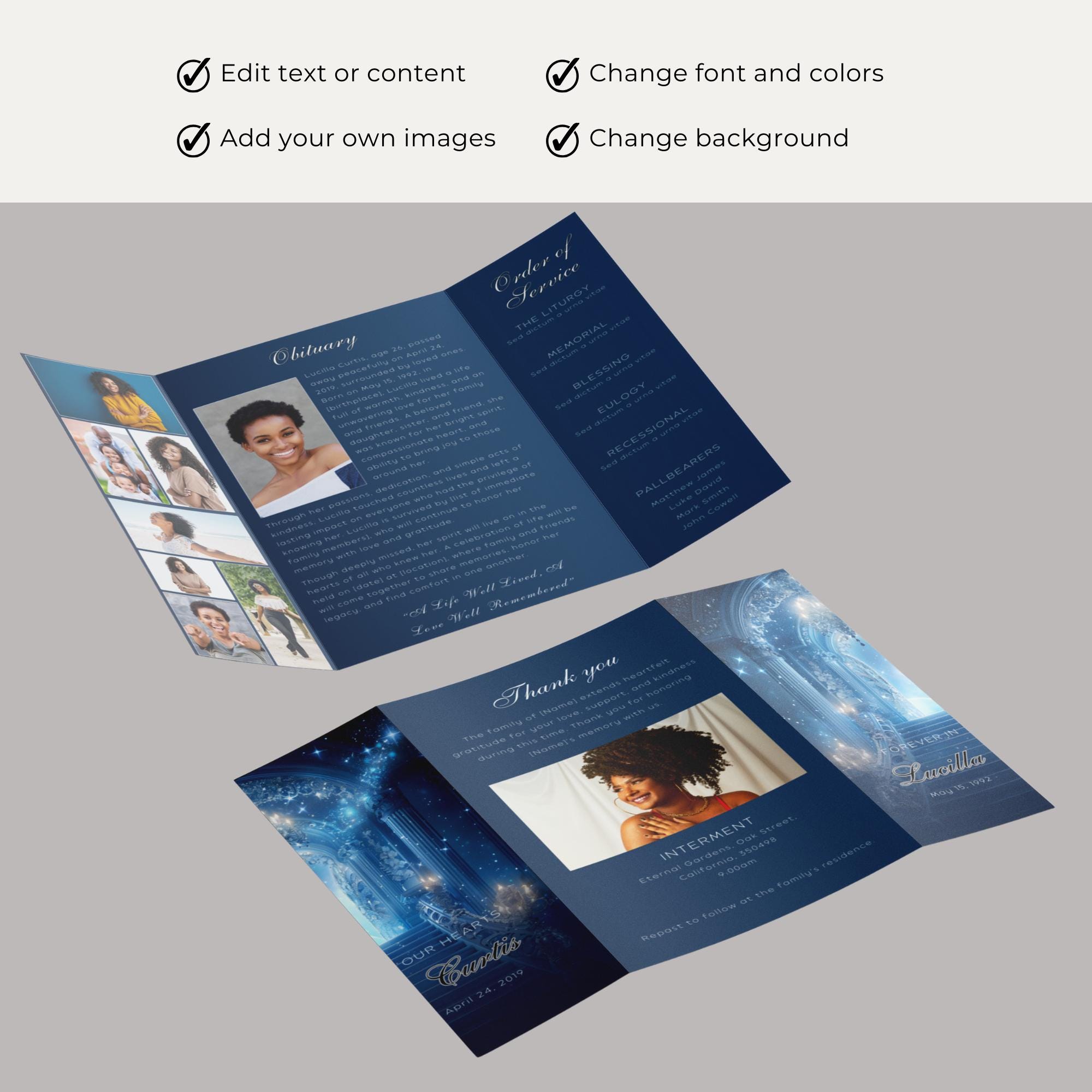 Blue Heavenly Gatefold Funeral Program Template Editable Canva Obituary ...