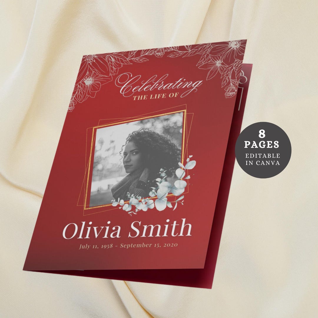 Red Funeral Program Template for Women Editable Canva Obituary ...