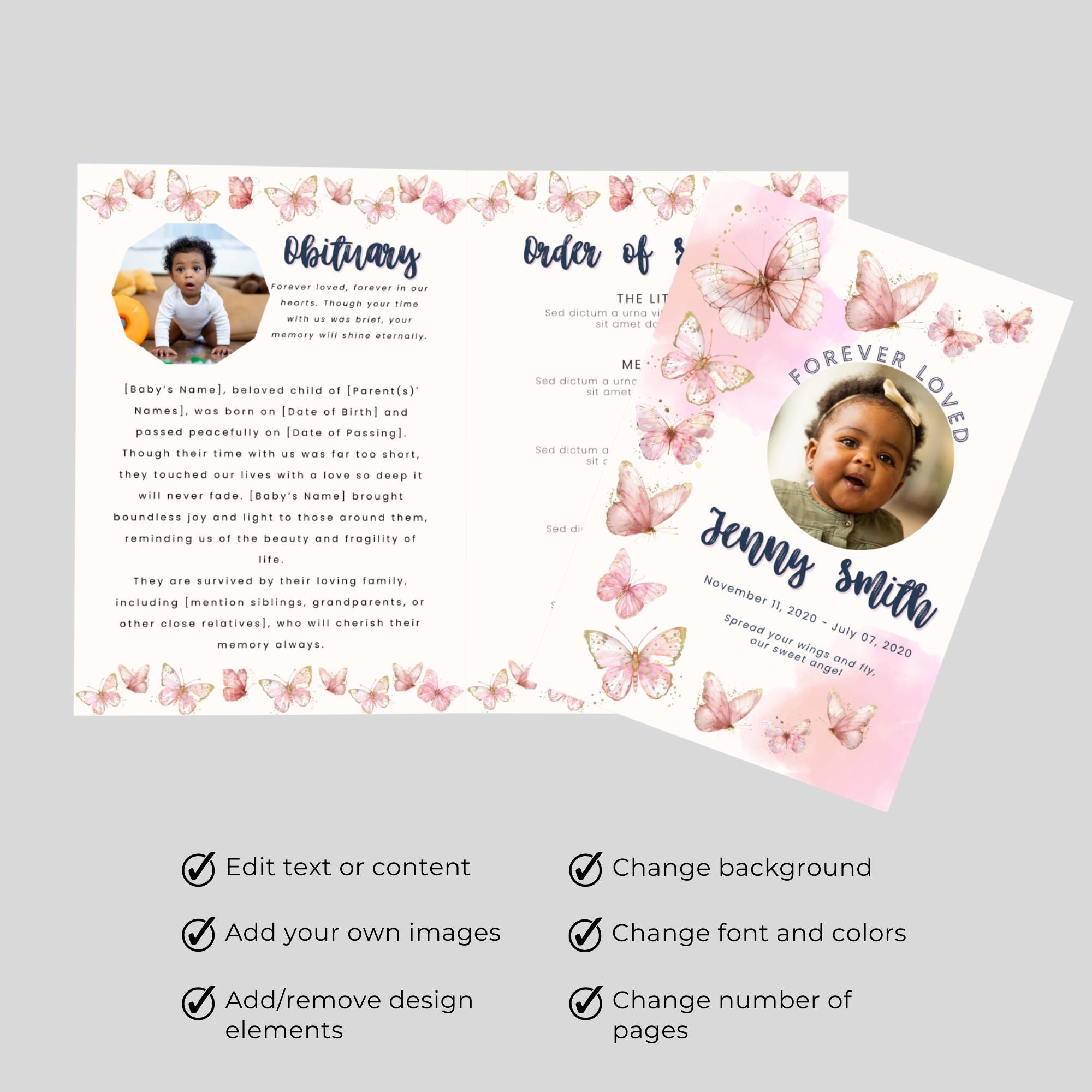 Butterfly Baby Funeral Program Canva Template Editable Child Obituary ...