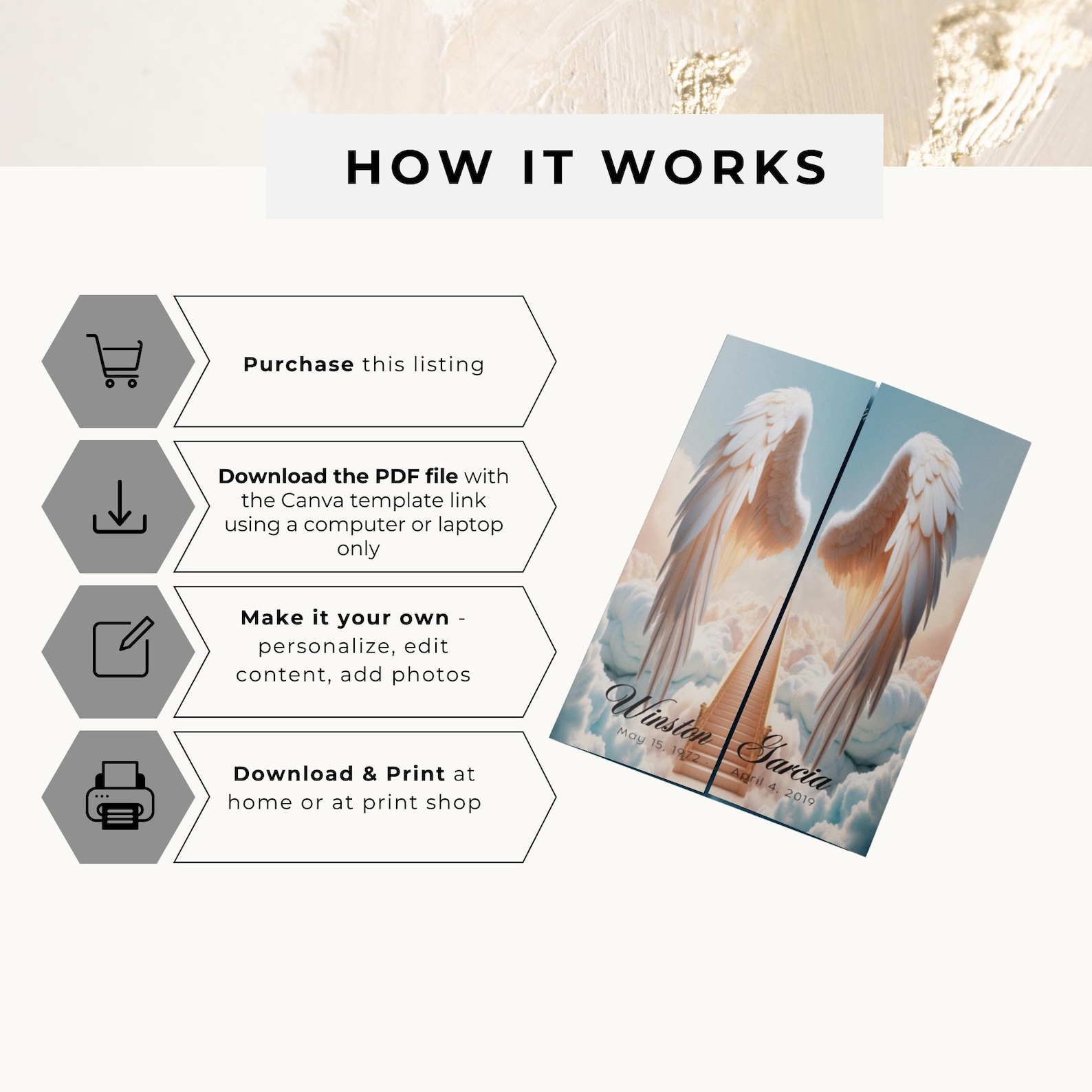 Gatefold Funeral Program Template Editable in Canva, Stairway ...