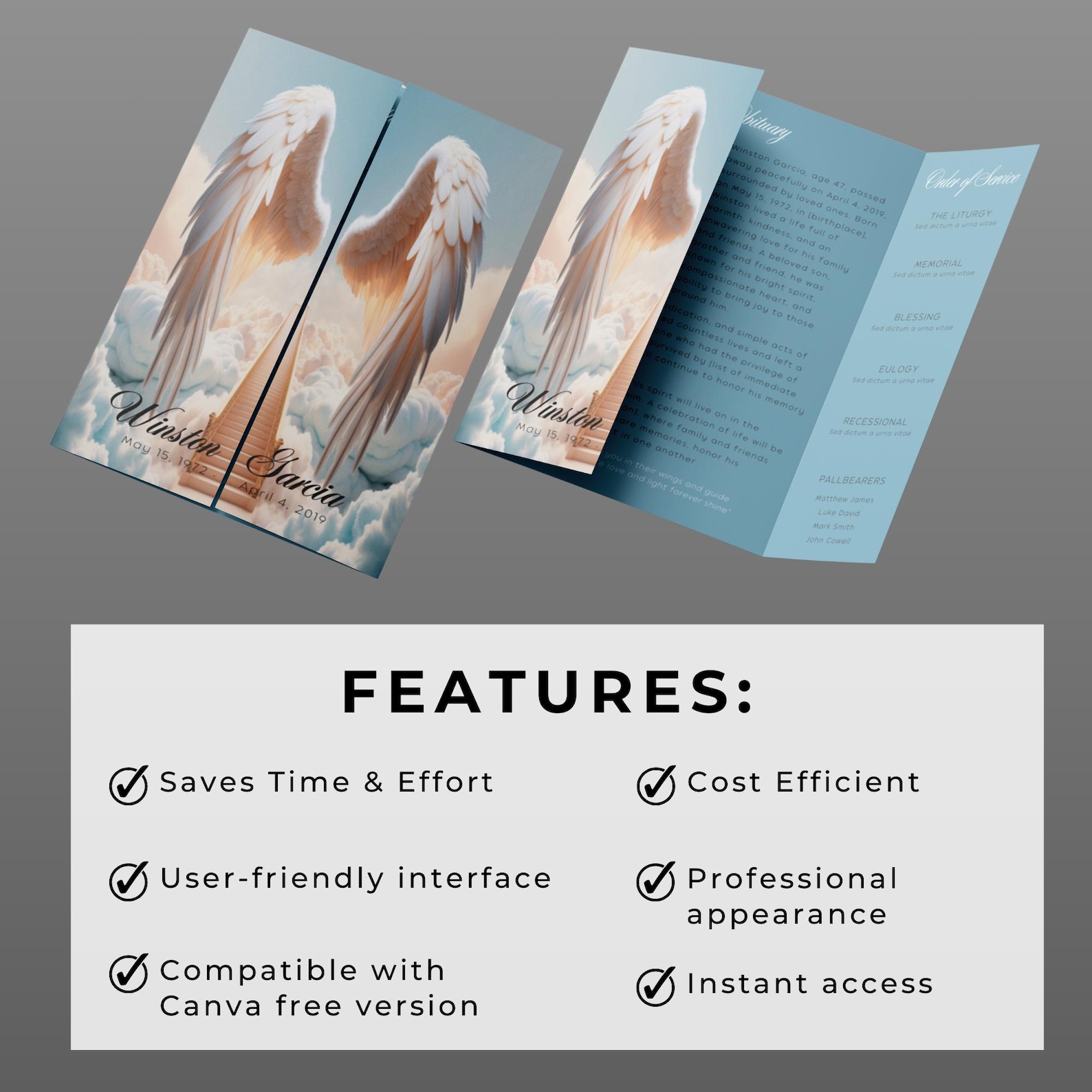 Gatefold Funeral Program Template Editable in Canva, Stairway ...