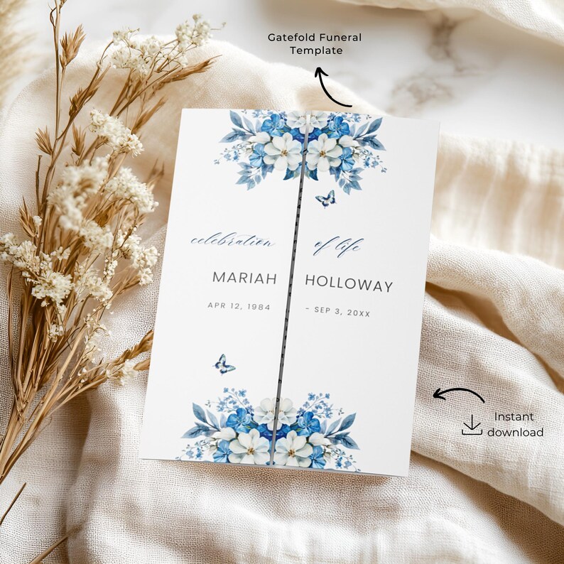 Blue Floral Funeral Program Template, Canva Obituary (DIY Printable) - Etsy