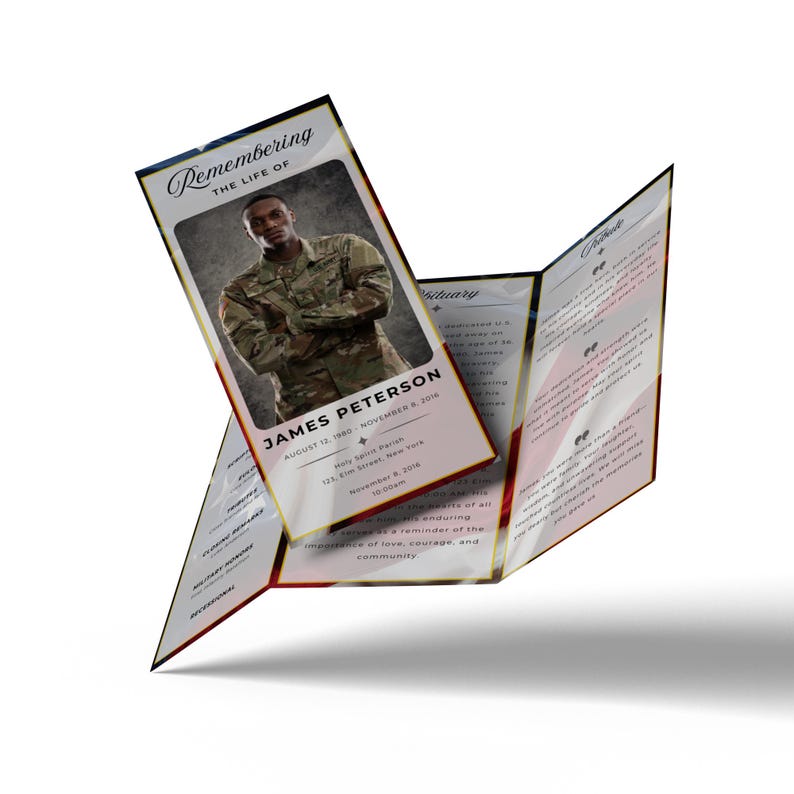 Trifold Military Veteran Obituary Canva Template Editable Funeral ...