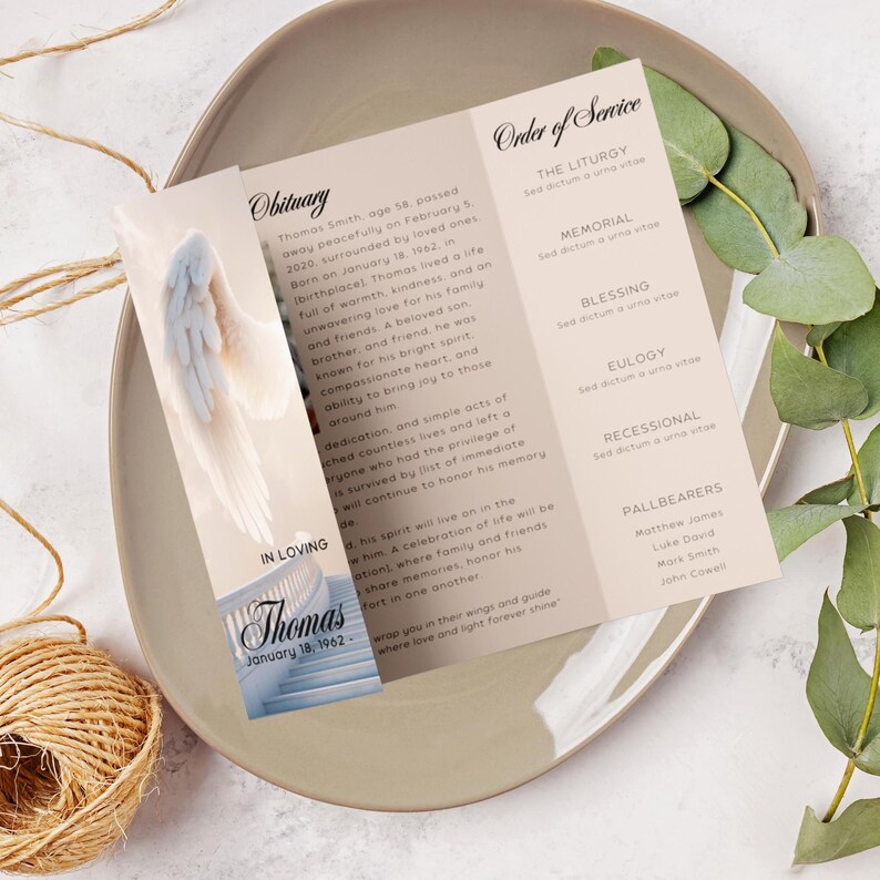 Angel Wings Gatefold Funeral Program Canva Template, Custom Obituary ...