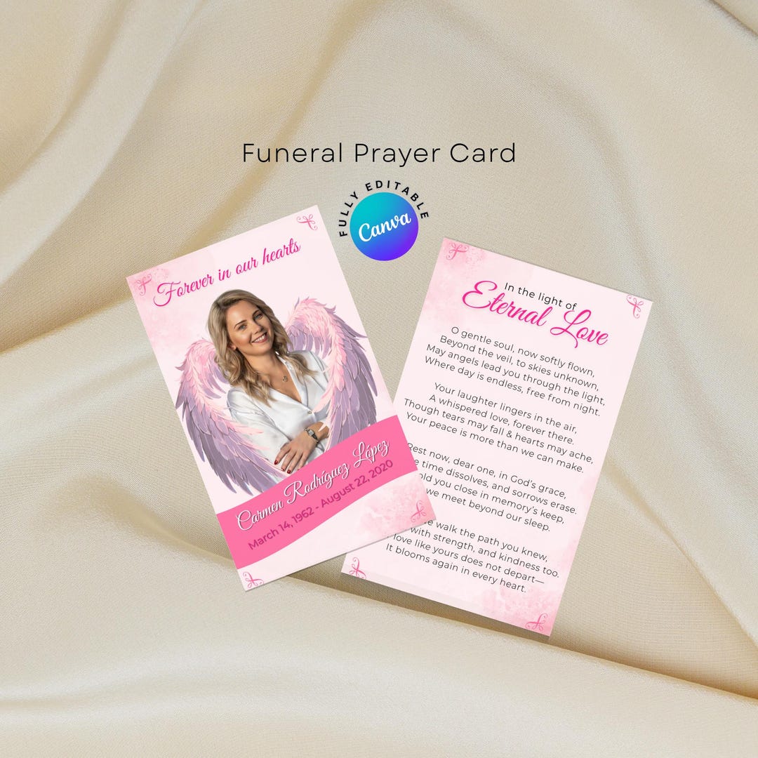 Pink Angel Wings Funeral Prayer Card Canva Template, Editable Memorial ...
