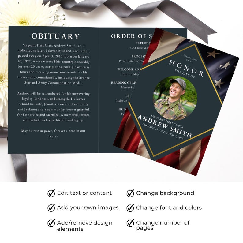 Military Funeral Program Canva Template Editable Memorial Keepsake ...